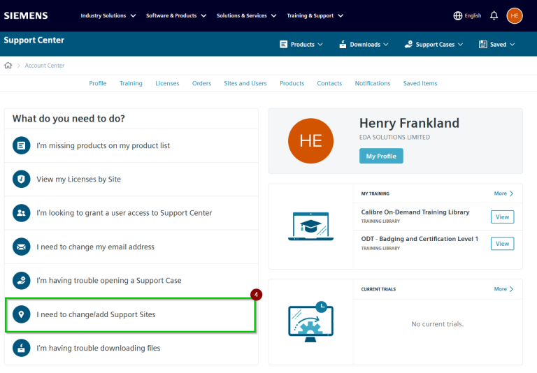 Requesting a Site ID change to Siemens Support Centre user account | EDA Solutions