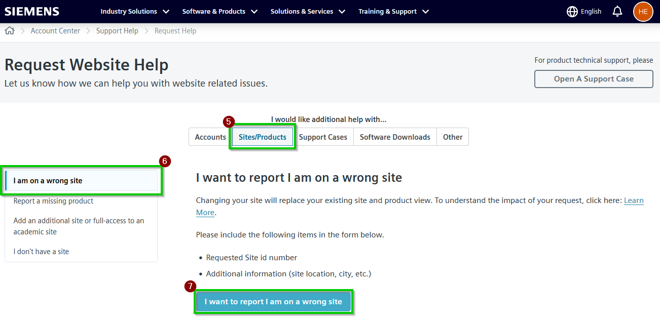 Requesting a Site ID change to Siemens Support Centre user account ...